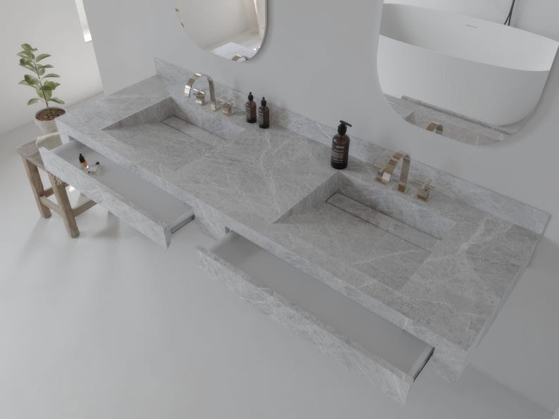 Double Floating Vanity, Customizable Integrated Sink Vanity Top, Quartz ...
