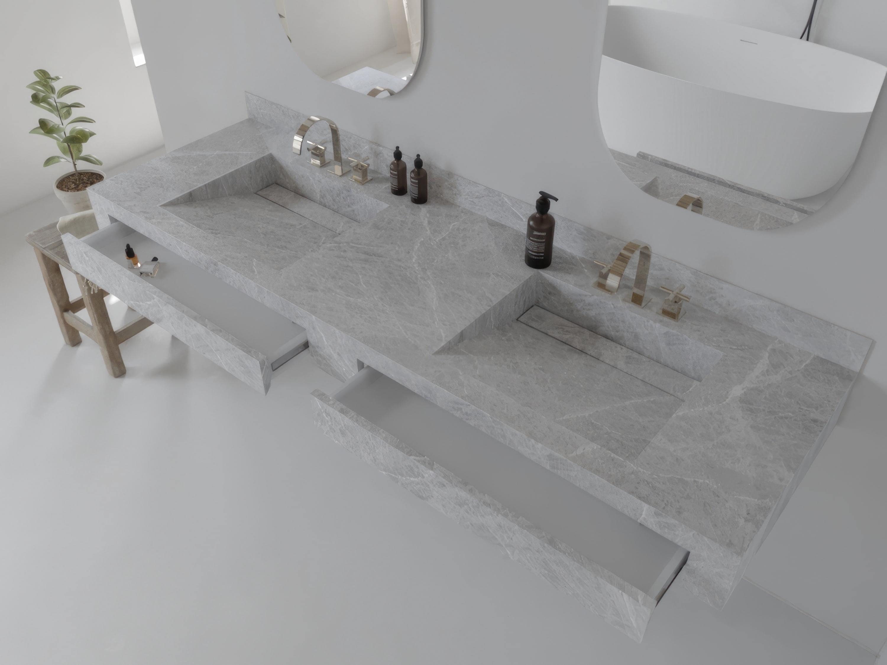 Double Floating Vanity, Customizable Integrated Sink Vanity Top, Quartz ...