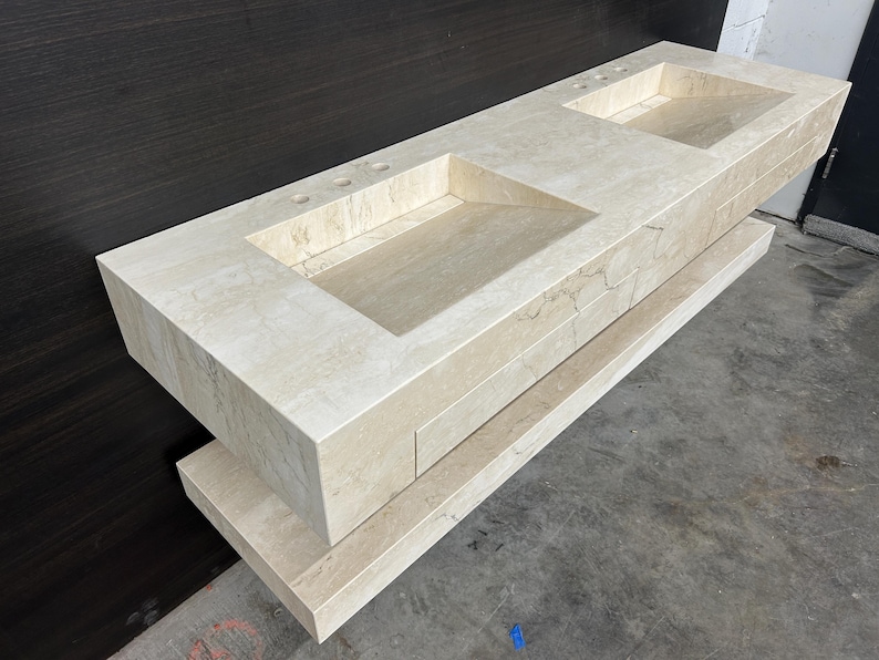 Custom Double Travertine Floating Vanity Sink, 72 Inch Ramp Sink ...
