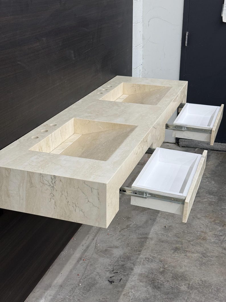 Custom Double Travertine Floating Vanity Sink, 72 Inch Ramp Sink ...