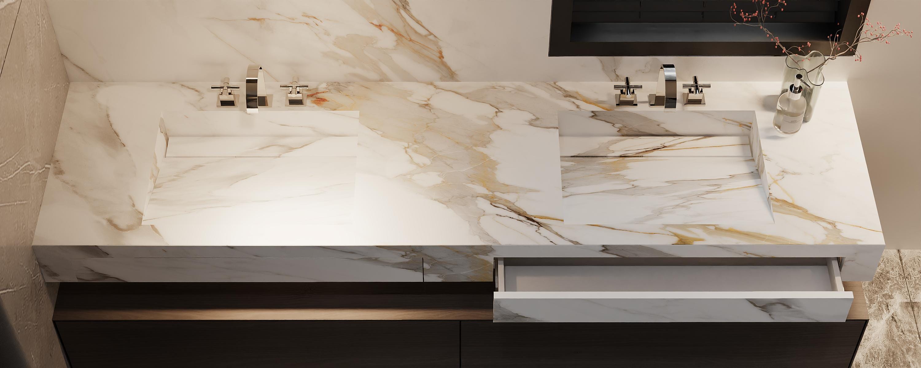 Double Floating Vanity, Customizable Integrated Sink Vanity Top, Quartz ...