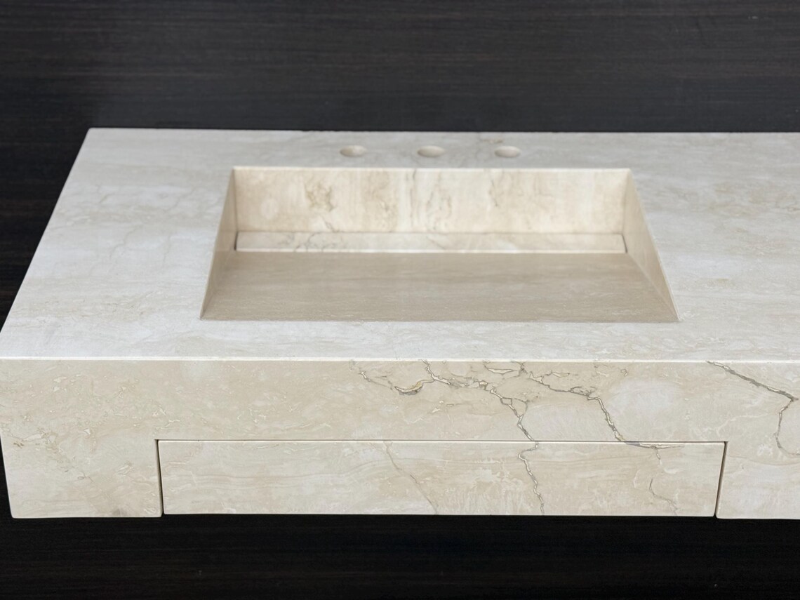 Travertine Wall Mount Sink, Custom Travertine Vanity Top, Integrated ...