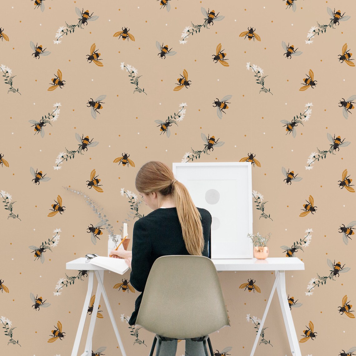 Honey Bee and Flowers Wallpaper, Self Adhesive Wallpaper, Animal ...