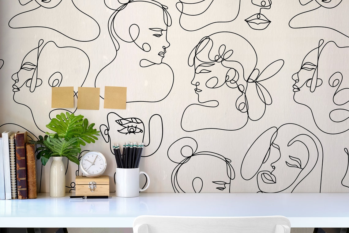 Female Face Line Art Wallpaper Repositionable Peel and Stick | Etsy