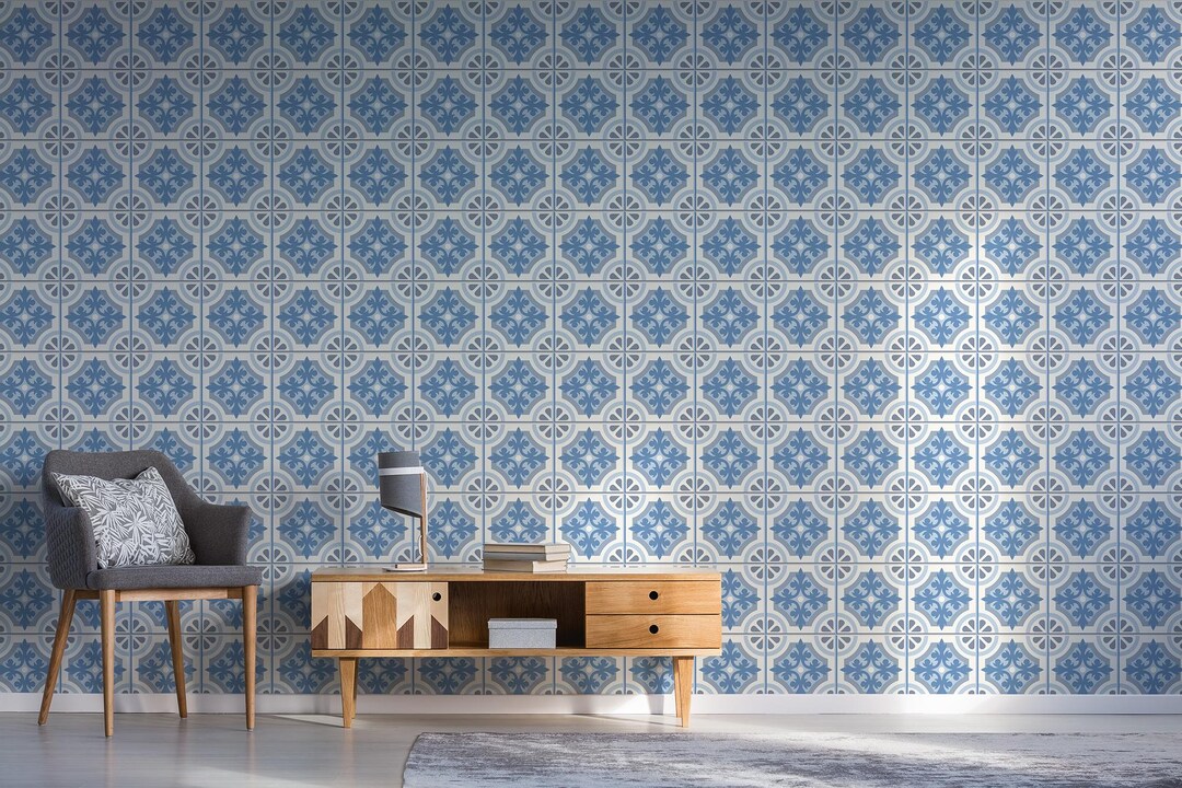 Blue Tile Art Deco Wallpaper, Geometric Pattern, Peel and Stick or ...