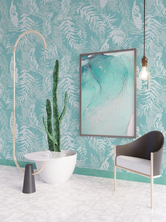 Teal Color Wallpaper With Leaf Pattern Peel and Stick - Etsy