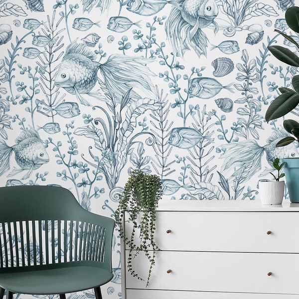 Blue and White Fish Wallpaper - Etsy