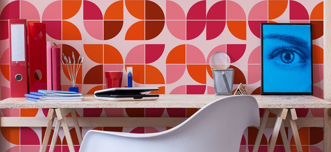 Red Retro Geometric Wallpaper, Abstract Pattern, Peel and Stick ...