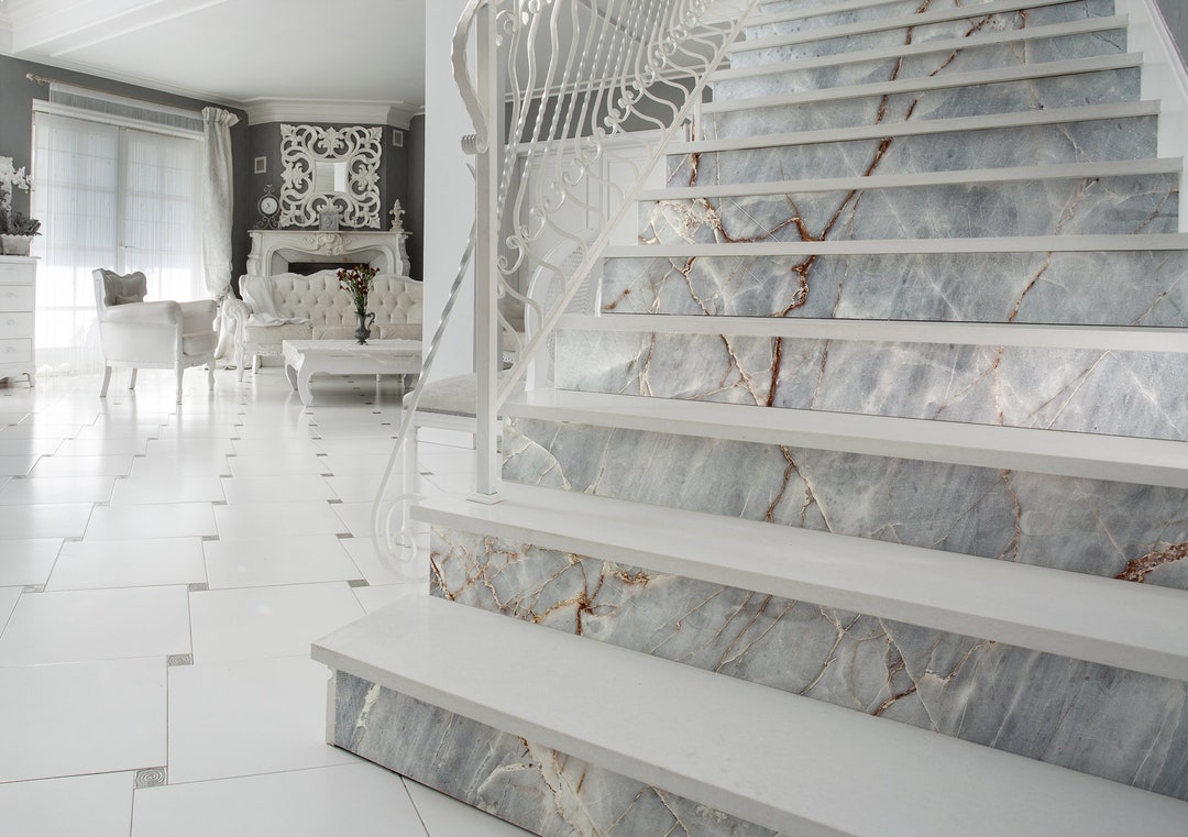 Stair Riser Sticker Set, Peel and Stick 10 Strips, Gray Marble Stone ...