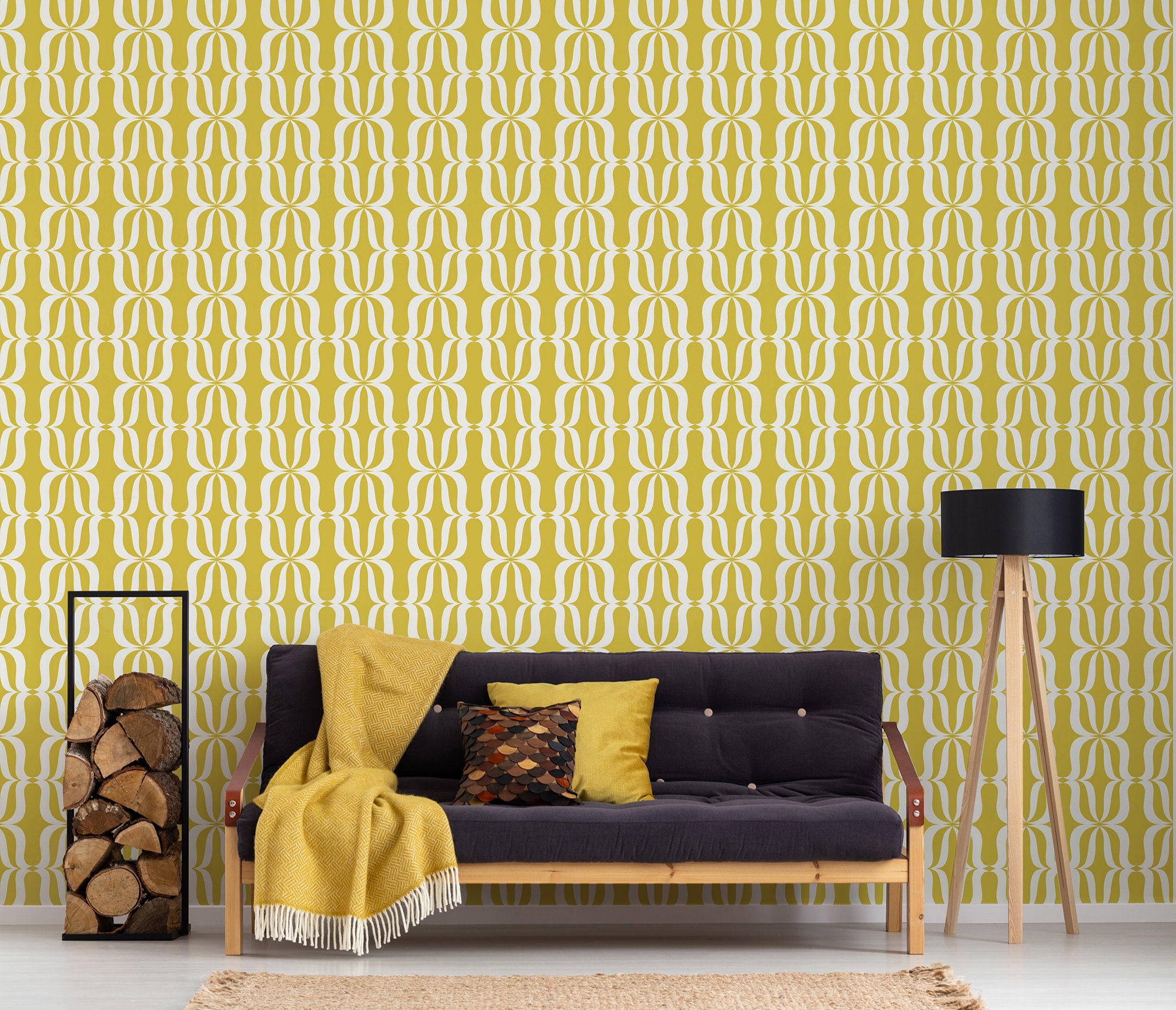 Yellow Abstract Wallpaper With Retro Pattern, Peel and Stick Wall Mural ...