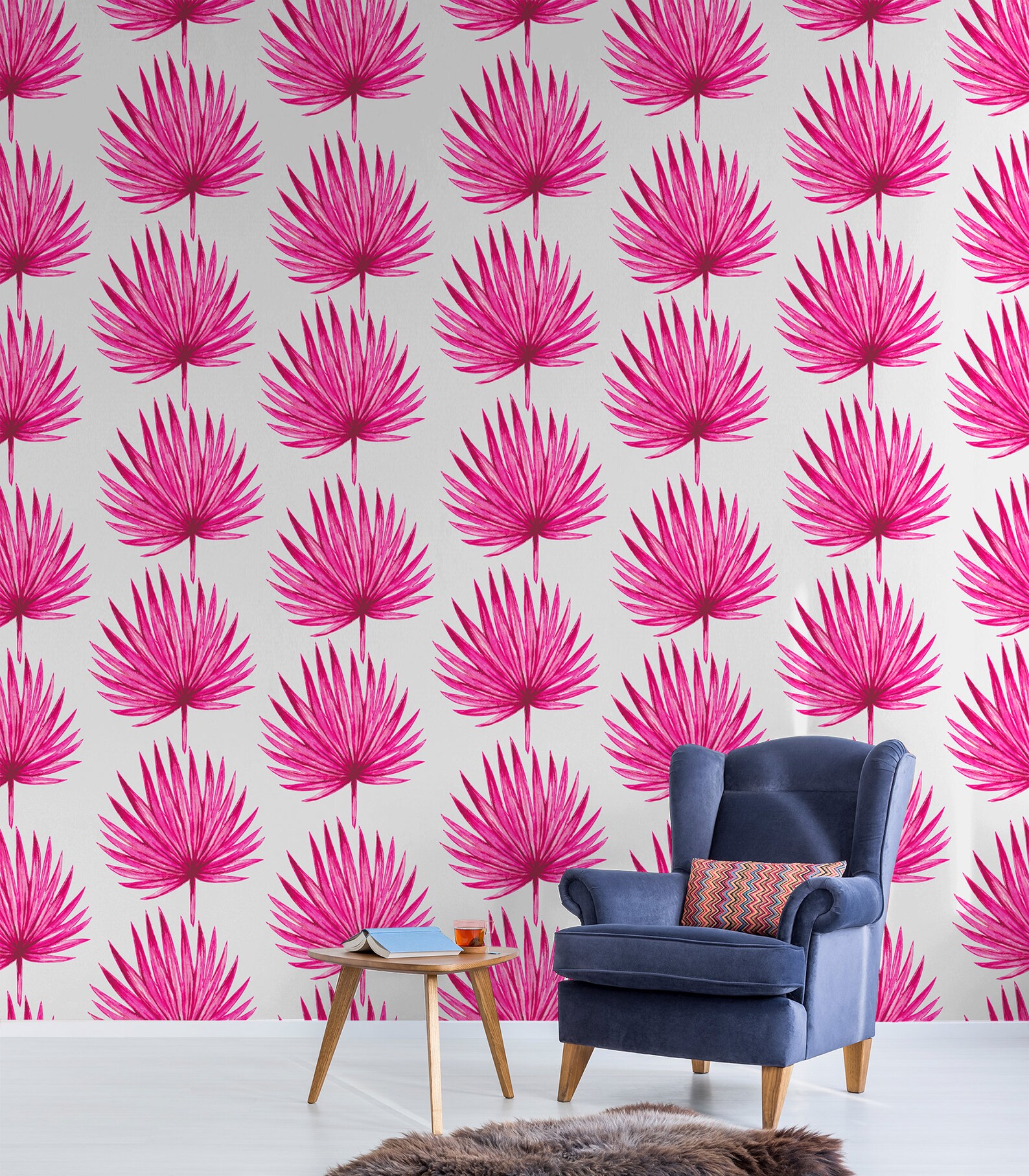 Palm Leaf Wallpaper Peel and Stick Wall Mural With Pink Leaf | Etsy