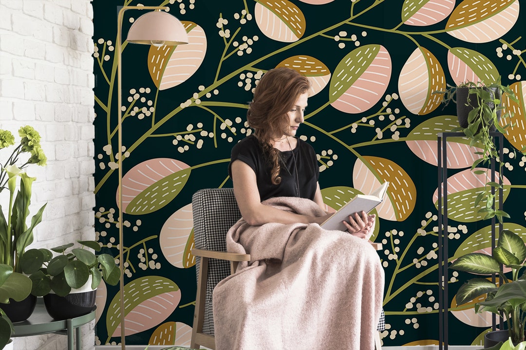 Removable Spring Wallpaper, Abstract Tree Pattern, Black Background ...