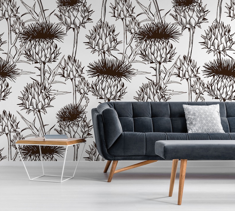 Floral Wallpaper With Thistle Pattern, Peel and Stick, Botanical ...