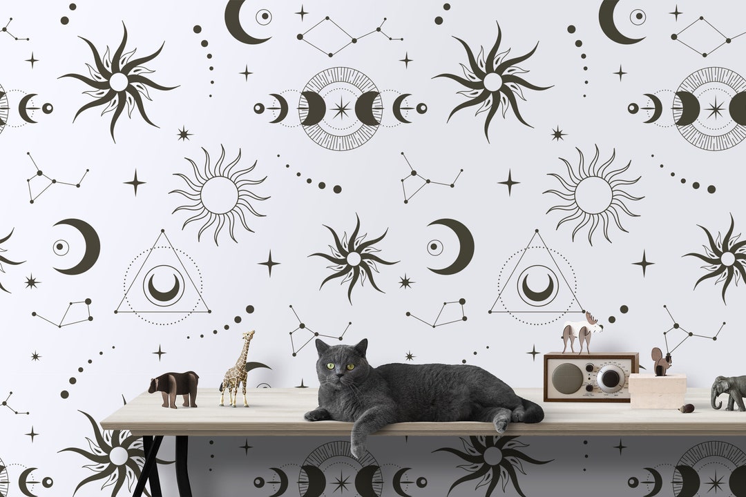 Celestial Pattern Wallpaper, Sun and Moon, Esoteric Wallpaper, Peel and ...