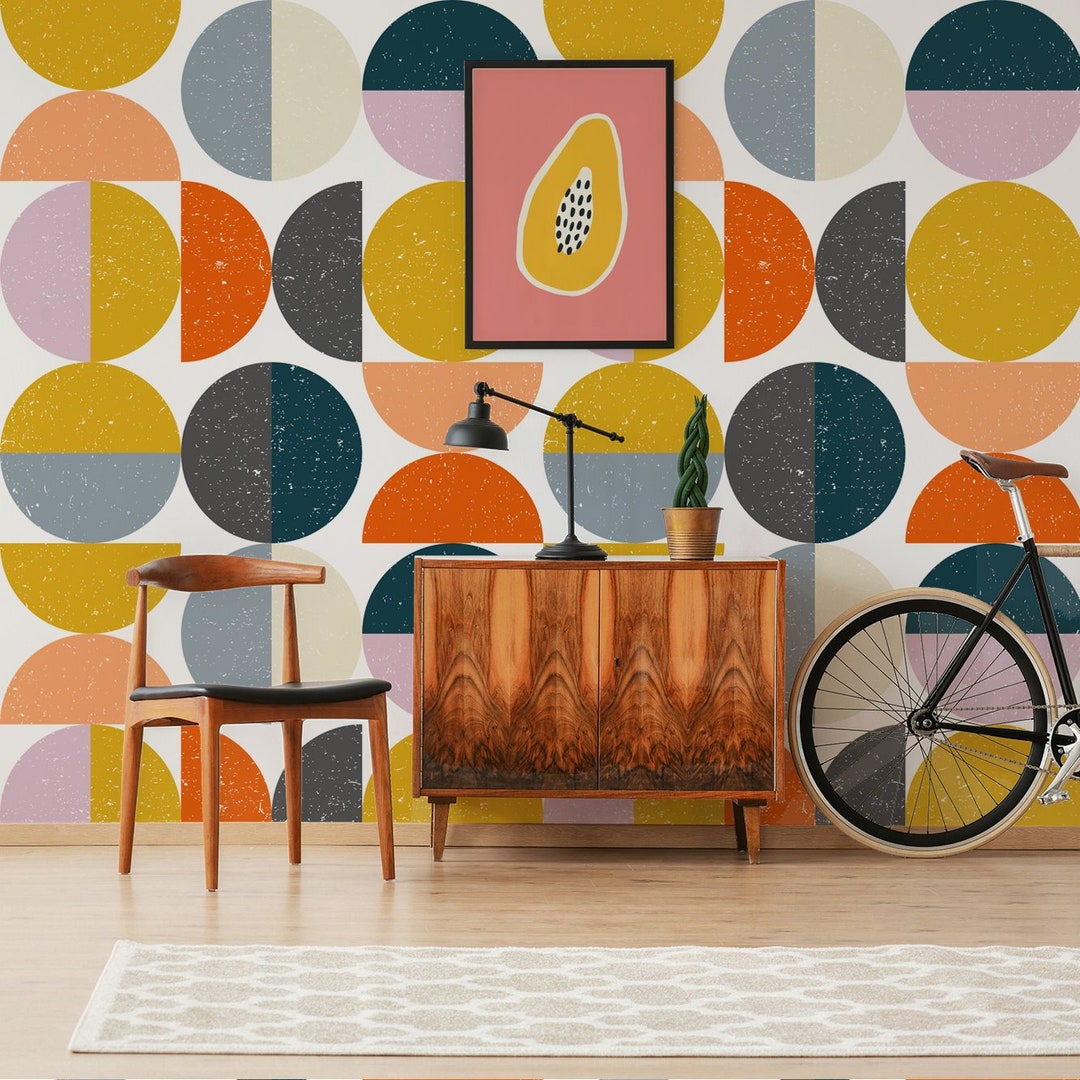 Retro Geometric Wallpaper, Self Adhesive Wall Mural With Circles and ...