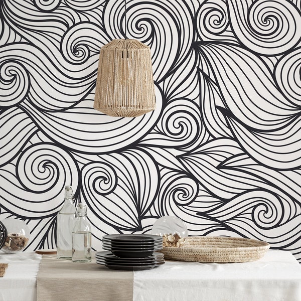 Black and White Waves Wallpaper - Etsy