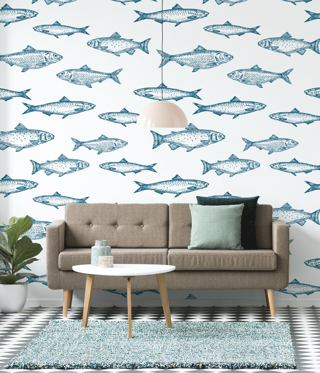 Blue Fish Removable Wallpaper, Vector Hand Drawn Pattern on White ...