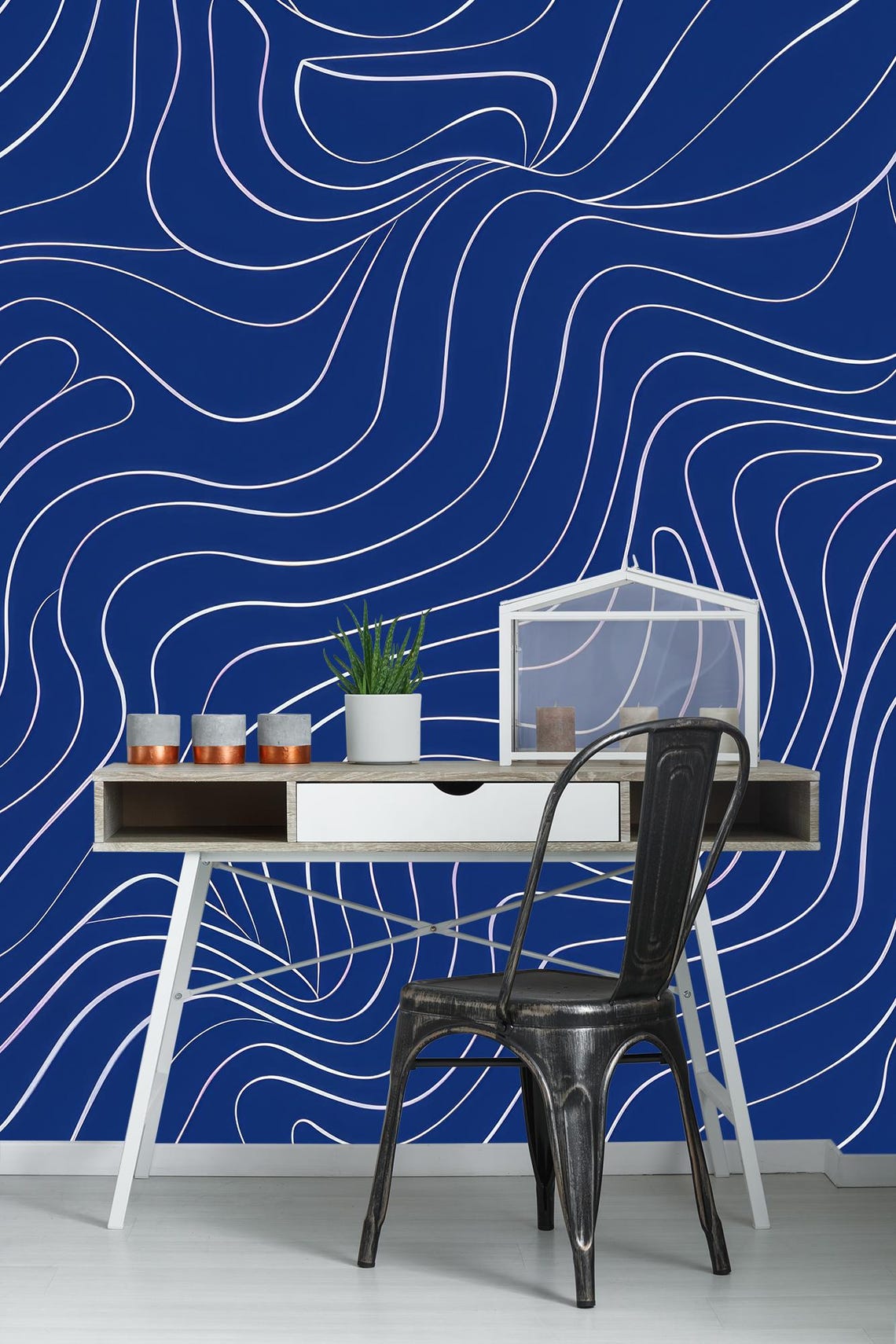 Abstarct Blue Wall Mural, Wavy Lines Wallpaper, Home Decor, Peel and ...