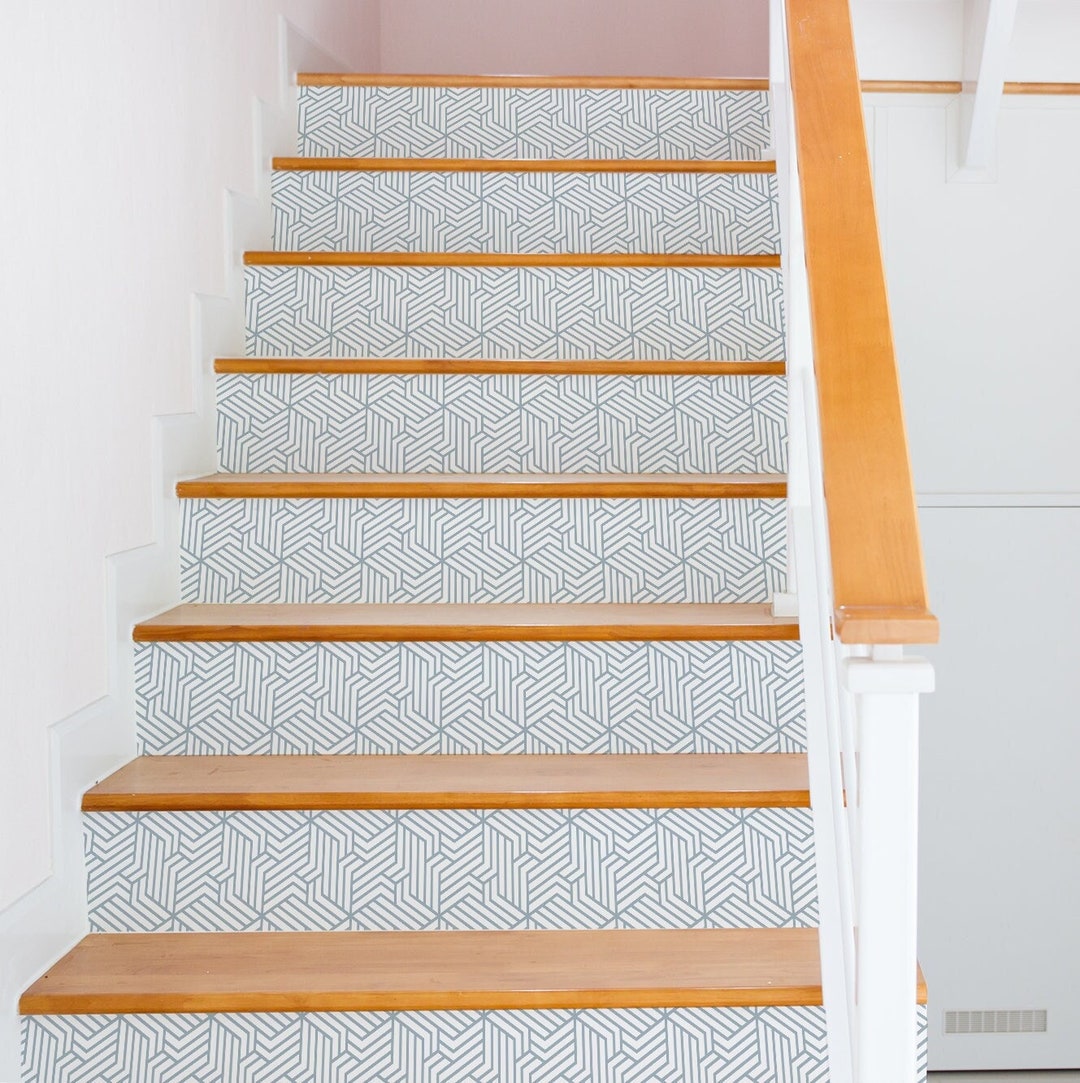 Peel and Stick Stair Riser Stickers, 10 Strips, Geometric Blue Pattern ...
