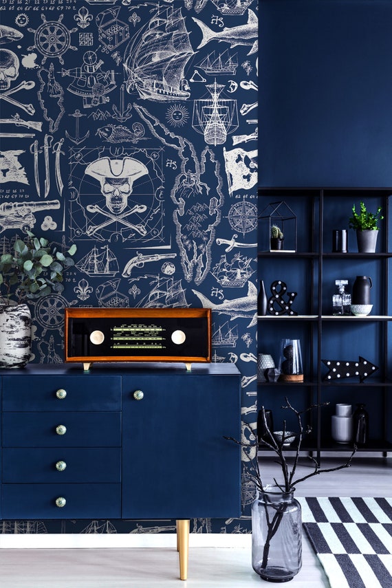 Blue Vintage Wallpaper Pirate and Old Map Pattern Peel and - Etsy