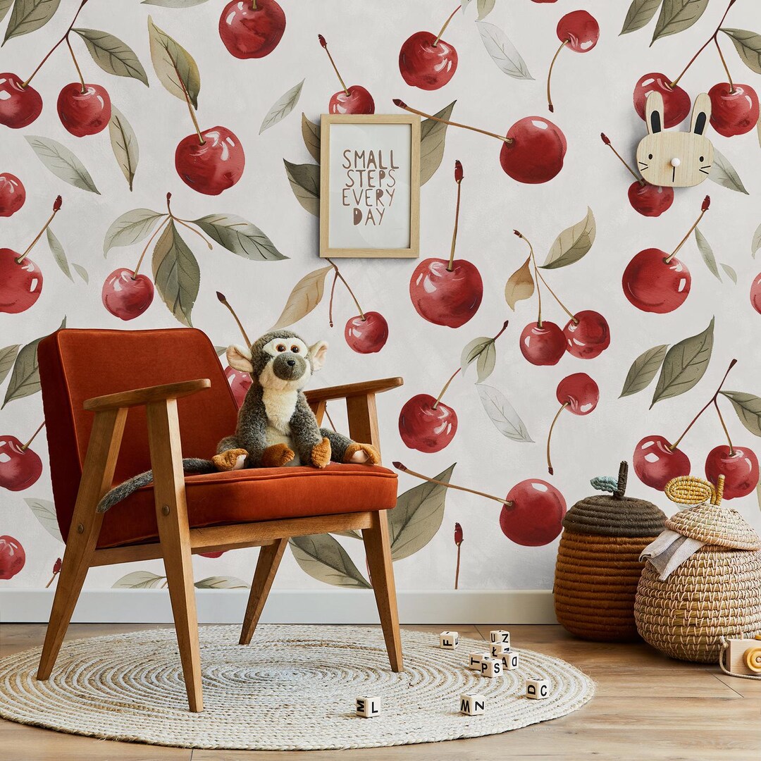 Cherry Pattern Wallpaper, Fruit Pattern, Botanical Wall Mural, Peel and ...