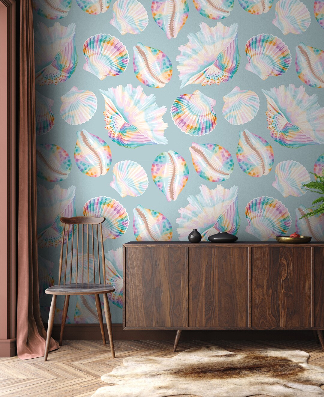 Shell Wallpaper, Light Blue Wallpaper, Peel and Stick, Vinyl, Wall ...