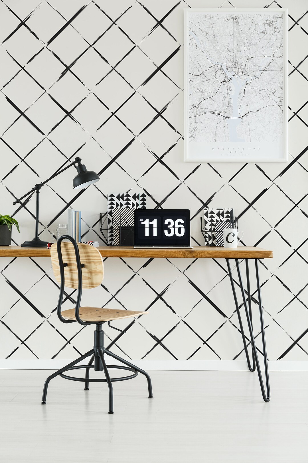 Modern Diagonal Tiles Wallpaper, Self Adhesive Wallpaper, Hand Drawn ...