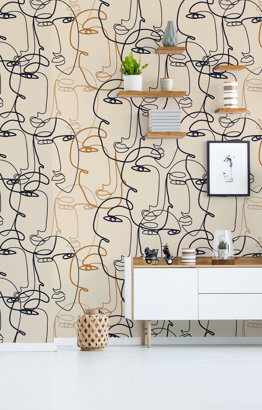 Minimalist Face Line Art Wallpaper, Repositionable Peel and Stick ...