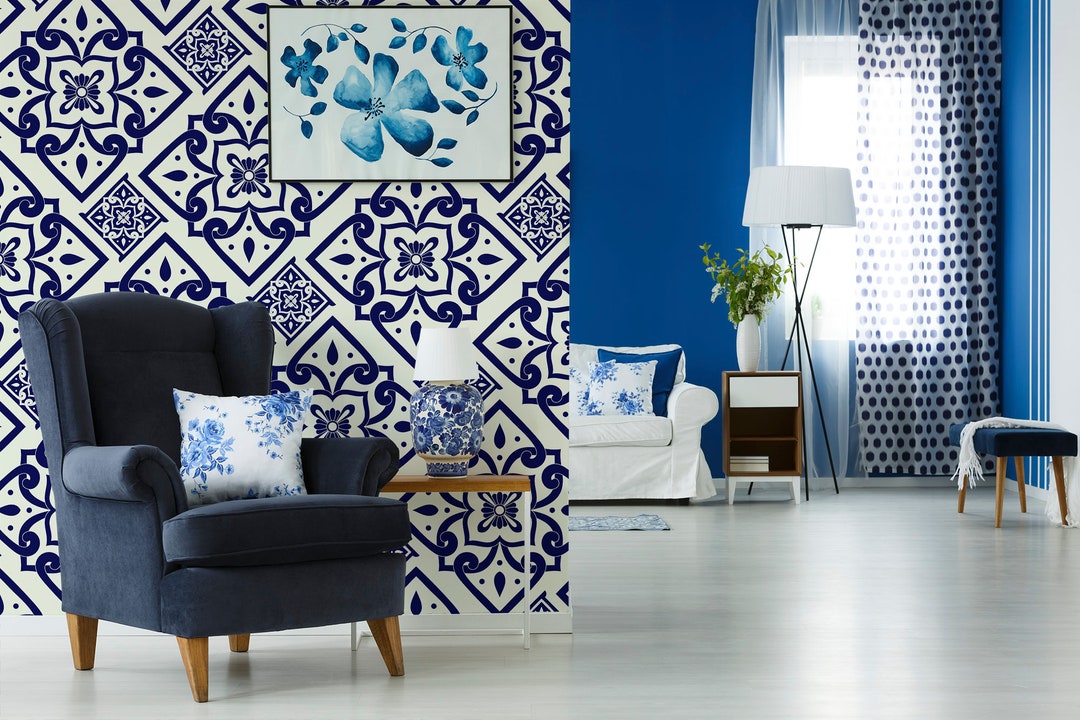 Blue Spanish Tile Geometric Wallpaper, Repositionable Peel and Stick ...