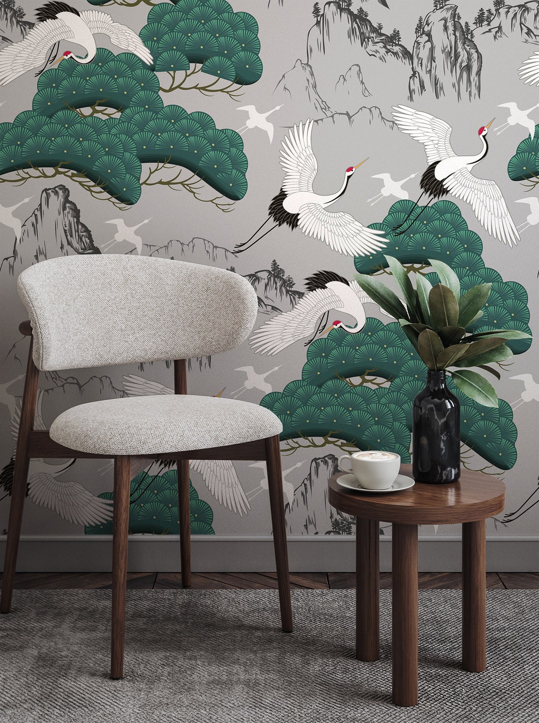 Japanese Cranes Wallpaper, Japanese Style Wallpaper, Peel and Stick ...
