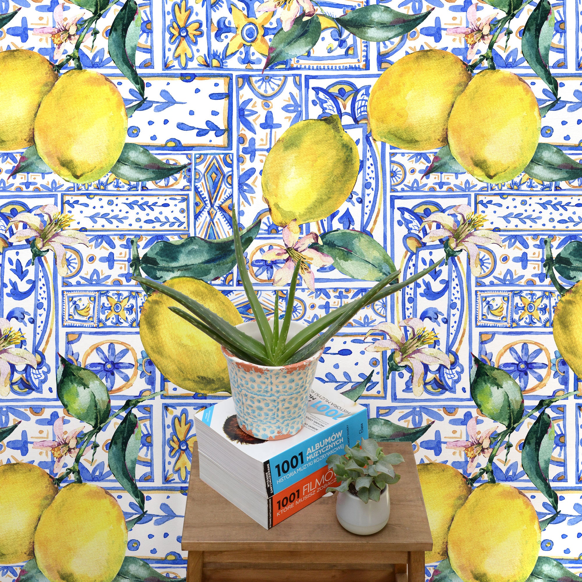 Watercolor Lemon Tile Wallpaper Repositionable Peel and Stick | Etsy