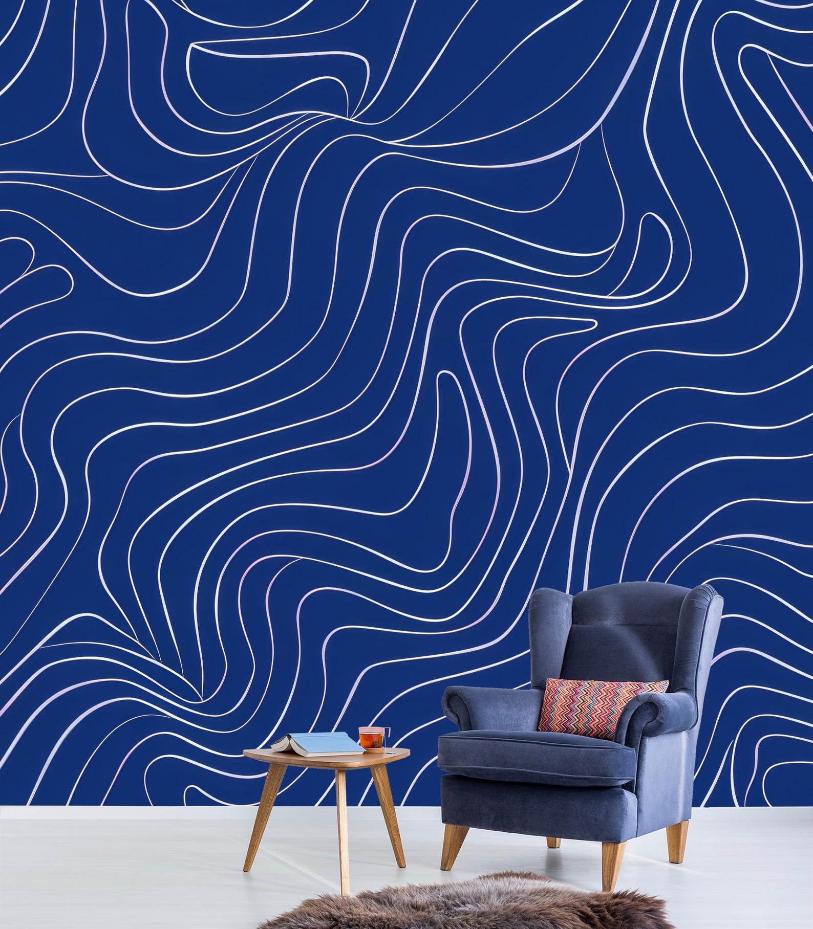Abstarct Blue Wall Mural, Wavy Lines Wallpaper, Home Decor, Peel and ...