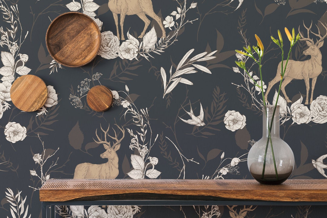 Flower and Deer Pattern Wallpaper, Dark Wallpaper, Peel and Stick, Vinyl, Wall Decor, Removable ...