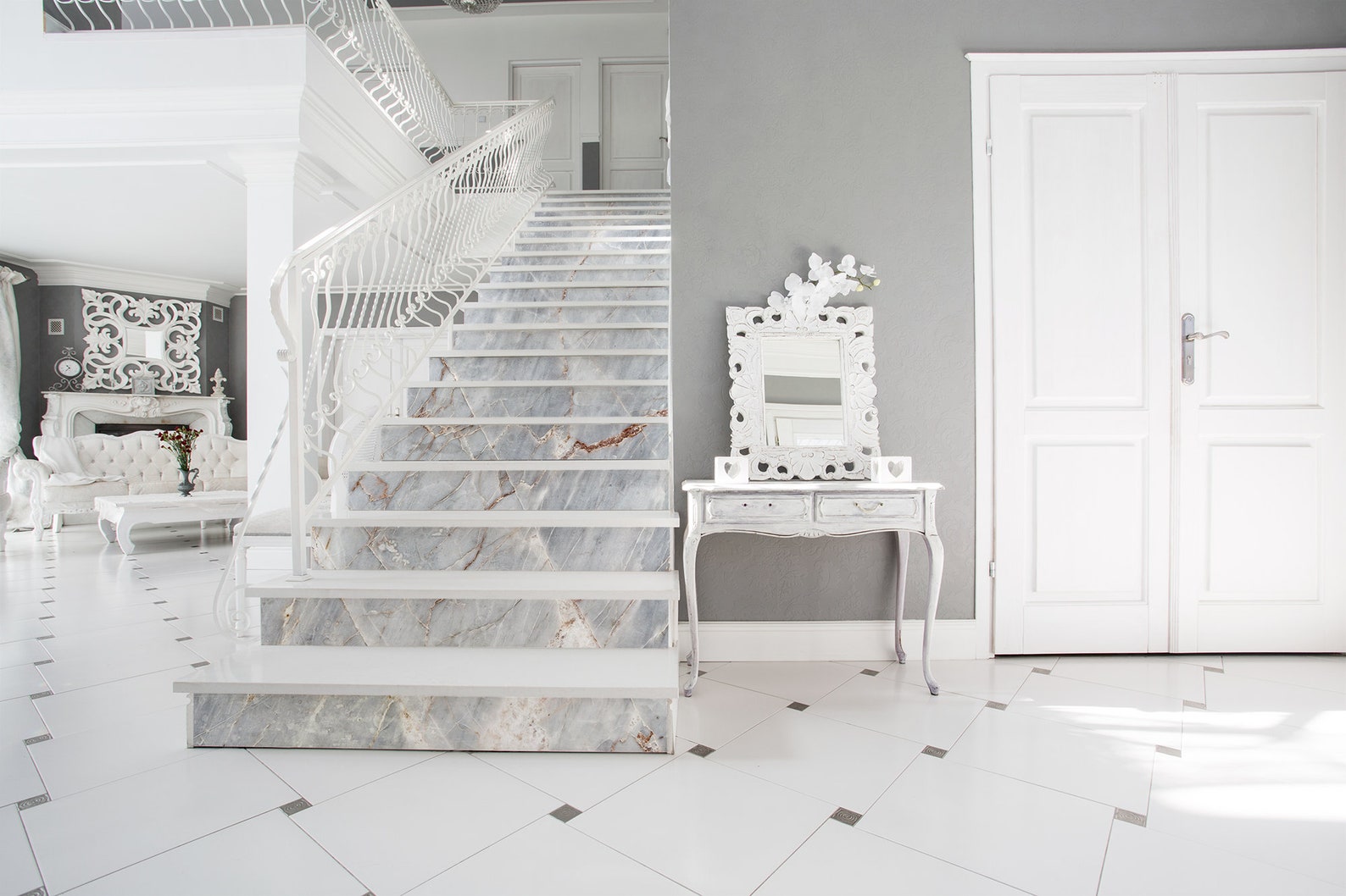 Stair Riser Sticker Set, Peel and Stick 10 Strips, Gray Marble Stone ...