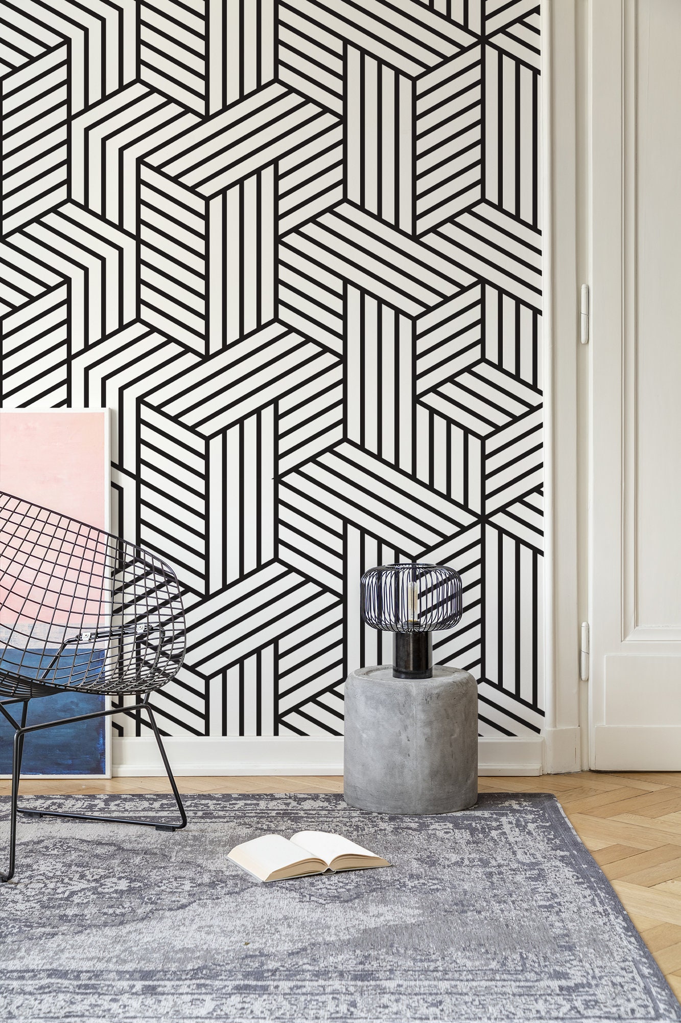 Black Lines Wallpaper Black and White Pattern Peel and Stick | Etsy