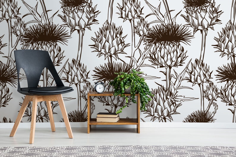 Floral Wallpaper With Thistle Pattern, Peel and Stick, Botanical ...