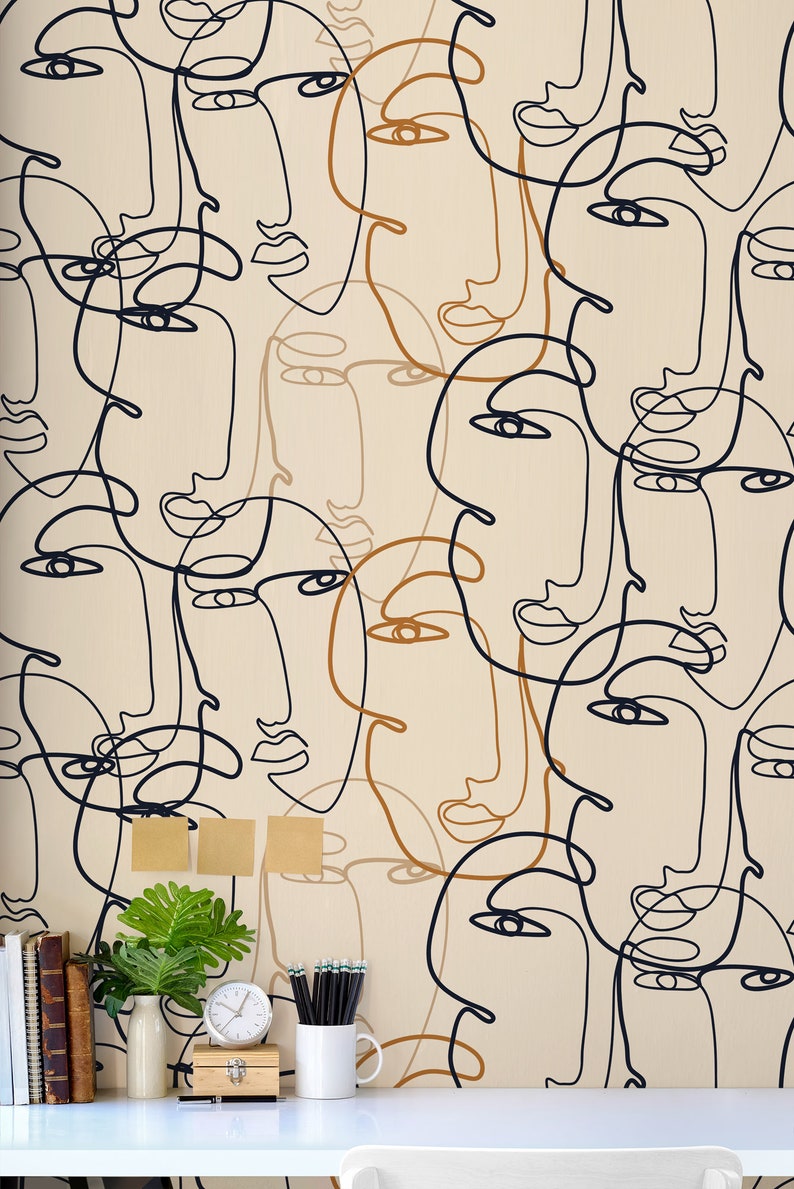 Minimalist Face Line Art Wallpaper, Repositionable Peel and Stick ...