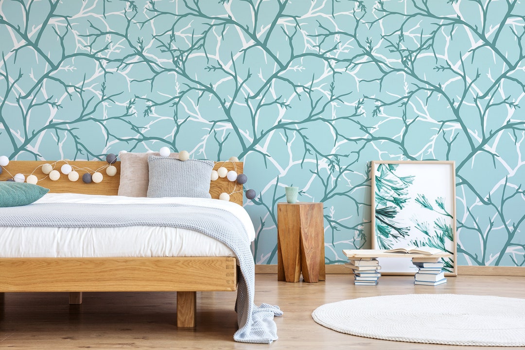 Teal Wallpaper With Abstract Branches, Peel and Stick Wallpaper, Tree ...