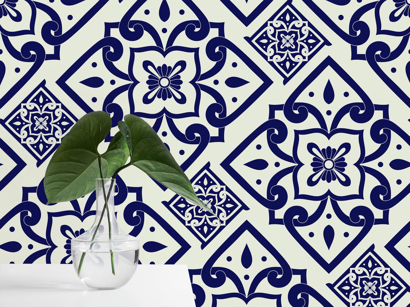 Blue Spanish Tile Geometric Wallpaper, Repositionable Peel and Stick ...