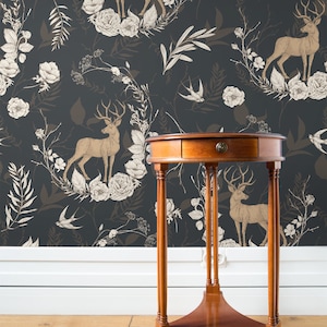 Flower and Deer Pattern Wallpaper, Dark Wallpaper, Peel and Stick, Vinyl, Wall Decor, Removable ...