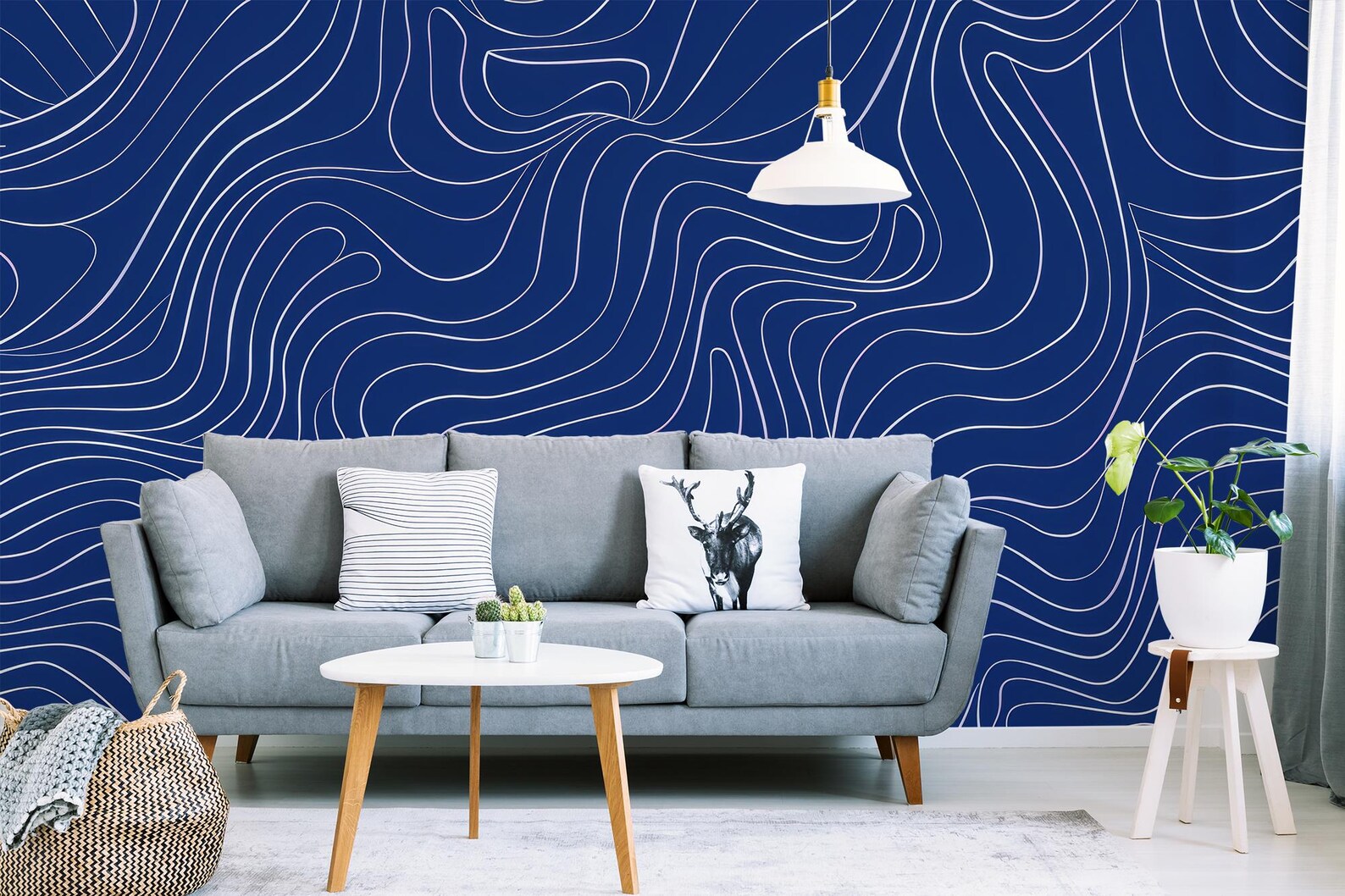 Abstarct Blue Wall Mural, Wavy Lines Wallpaper, Home Decor, Peel and ...
