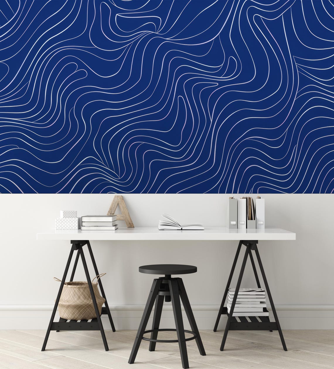 Abstarct Blue Wall Mural, Wavy Lines Wallpaper, Home Decor, Peel and ...