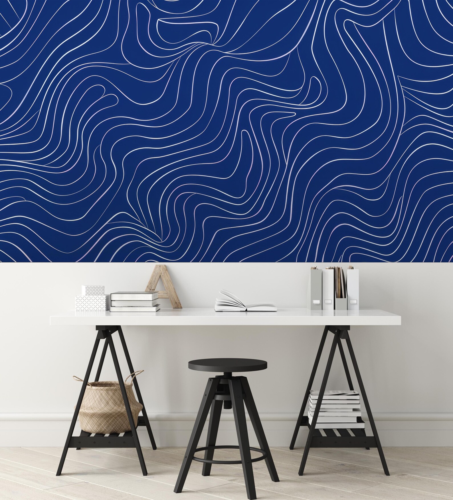 Abstarct Blue Wall Mural, Wavy Lines Wallpaper, Home Decor, Peel and ...