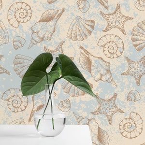Shell and Starfish Wallpaper, Removable Wallpaper, Hand Drawn Marine ...