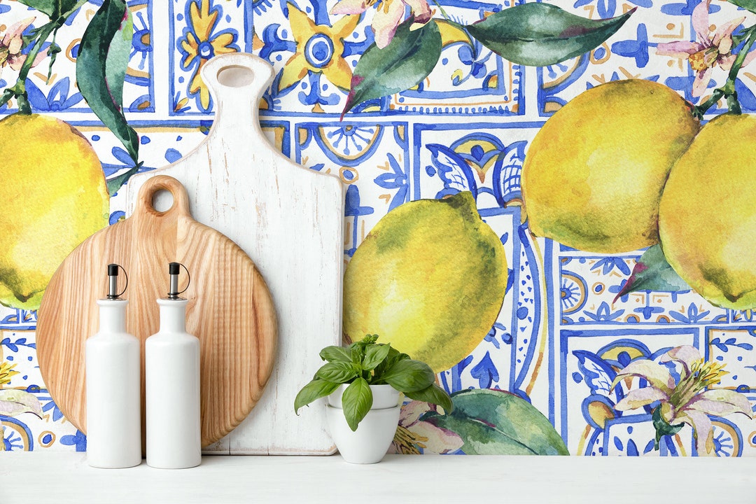 Watercolor Lemon Tile Wallpaper, Repositionable Peel and Stick ...
