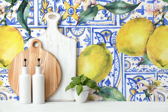 Watercolor Lemon Tile Wallpaper Repositionable Peel and Stick - Etsy