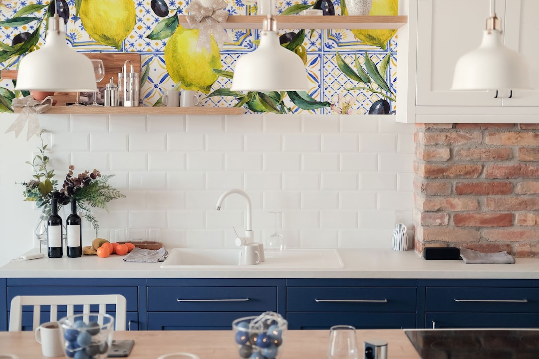 Watercolor Ornament Lemon Wallpaper, Repositionable Peel and Stick ...