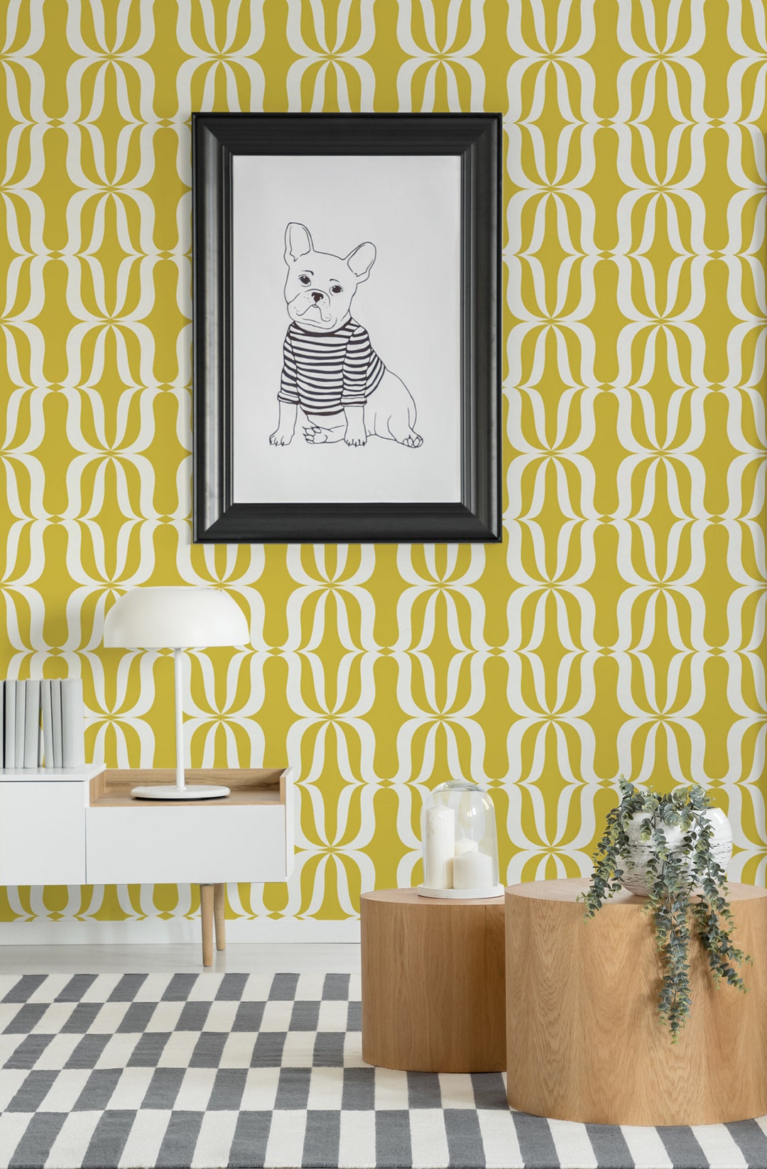 Yellow Abstract Wallpaper With Retro Pattern, Peel and Stick Wall Mural ...