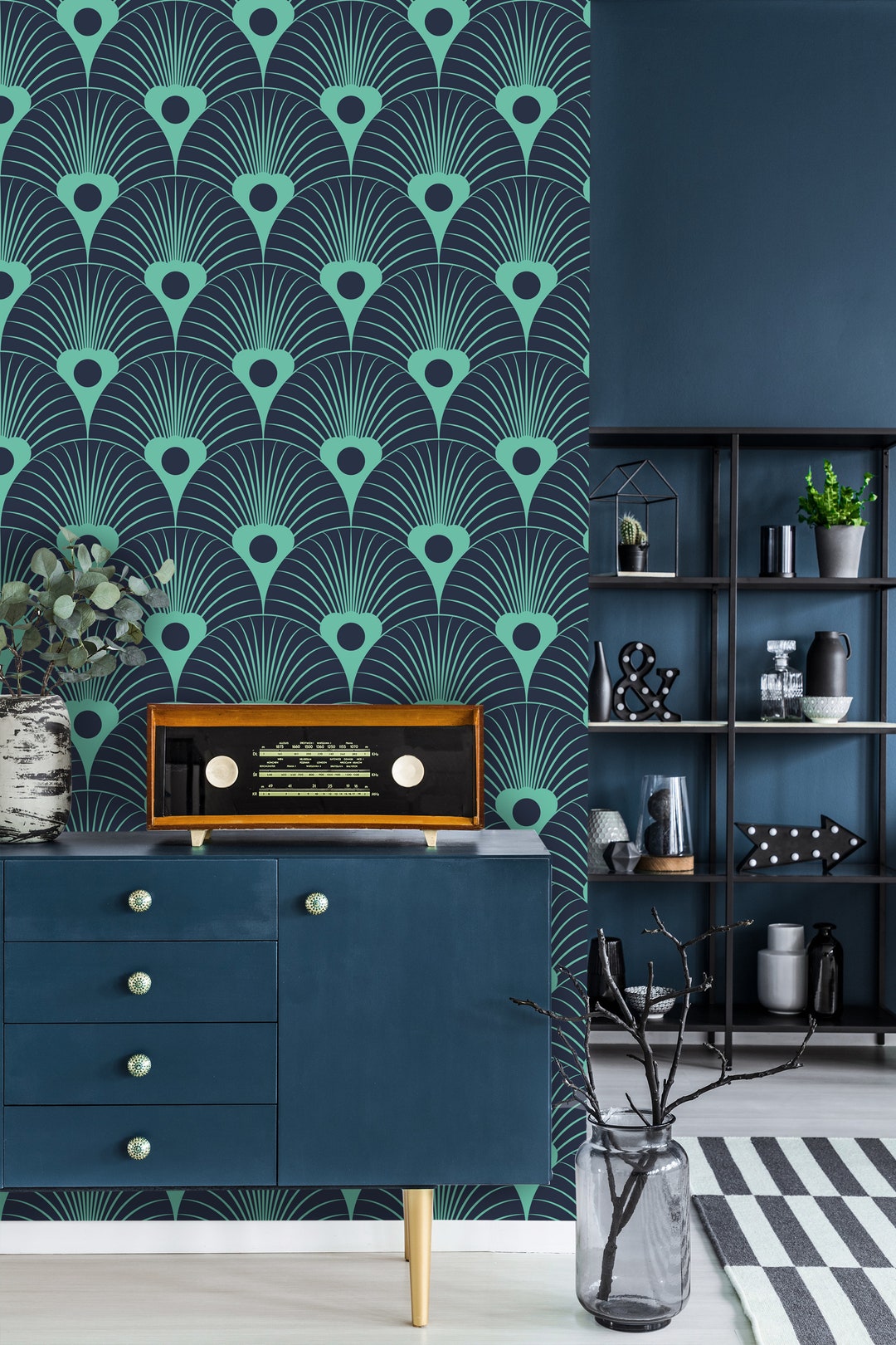 Neon Blue Art Deco Wallpaper, Self Adhesive Wallpaper, Vintage ...