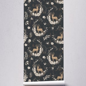 Flower and Deer Pattern Wallpaper, Dark Wallpaper, Peel and Stick, Vinyl, Wall Decor, Removable ...